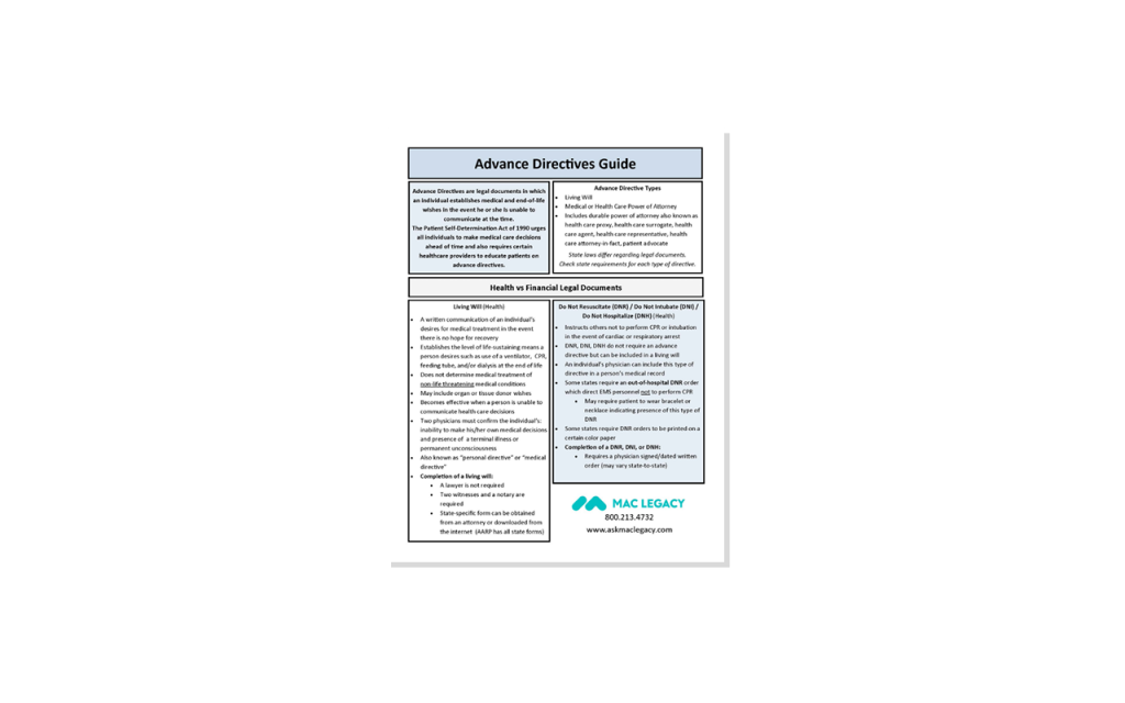 MAC Legacy » Advance Directives Guide Cheat Sheet